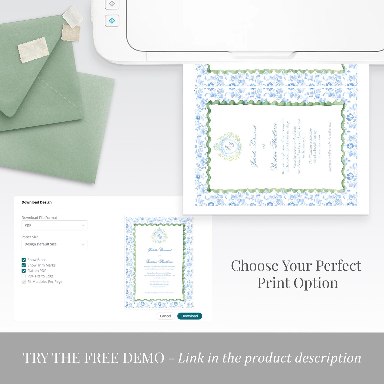 Blue Cottagecore Wedding Invitation Template Printable Green Crest ...