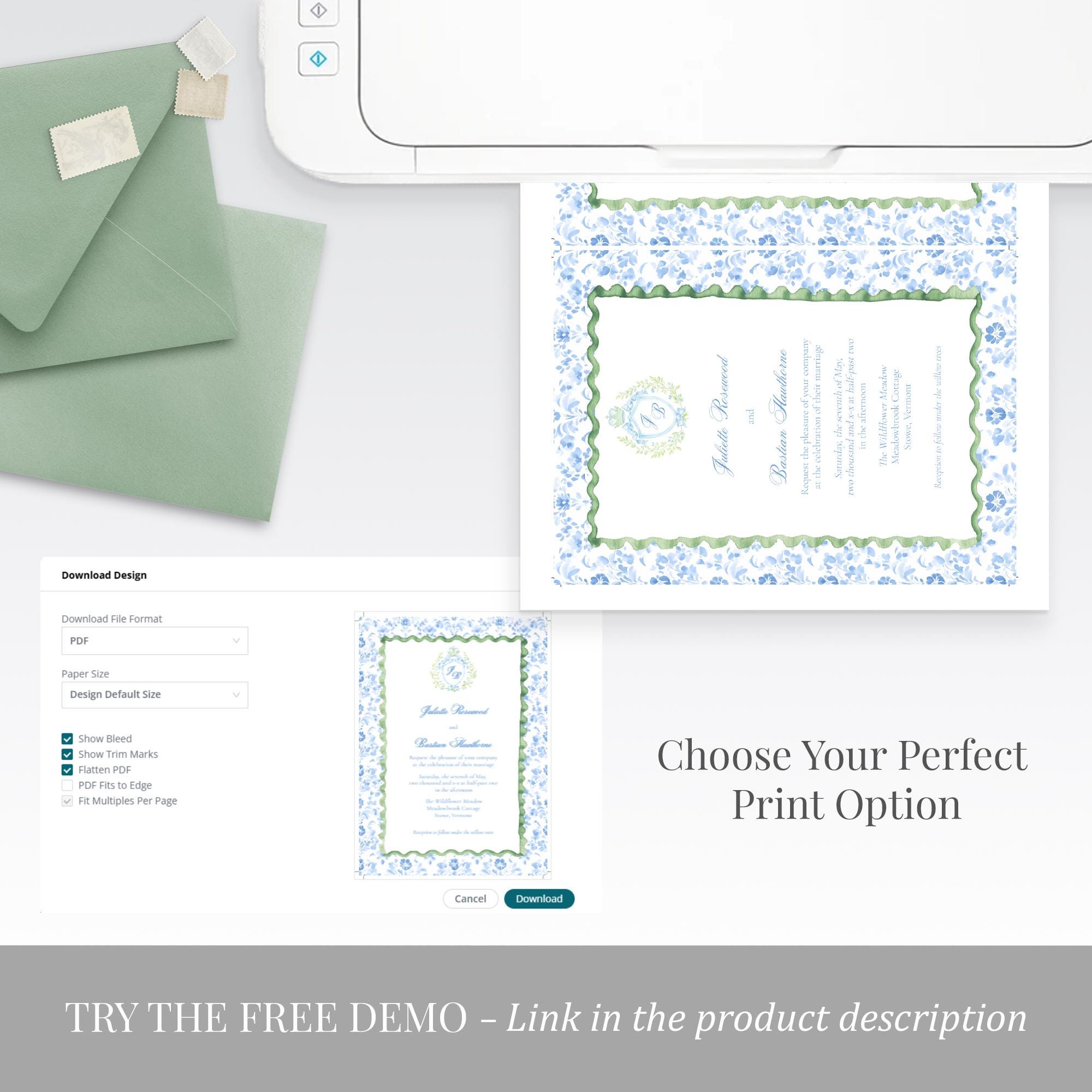 Blue Cottagecore Wedding Invitation Template Printable Green Crest ...
