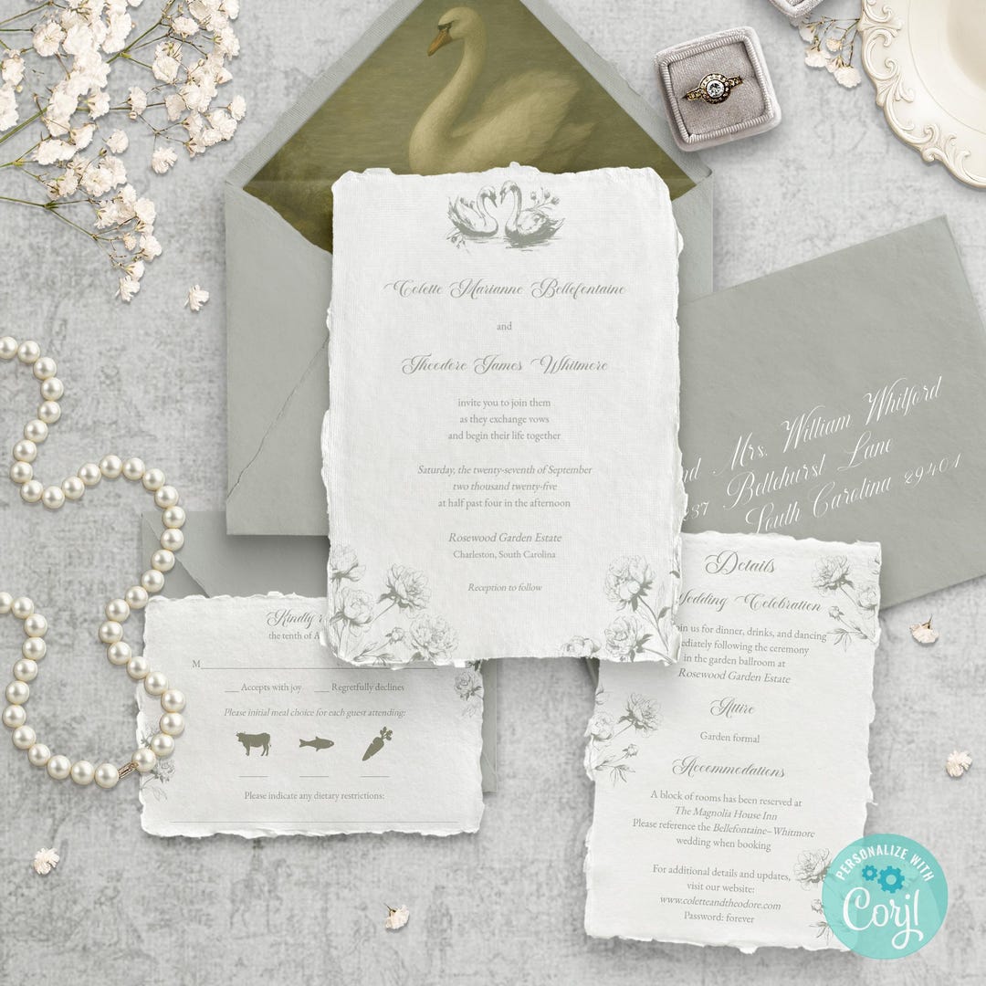 Printable Swan Wedding Invitation Template Editable Romantic Floral ...