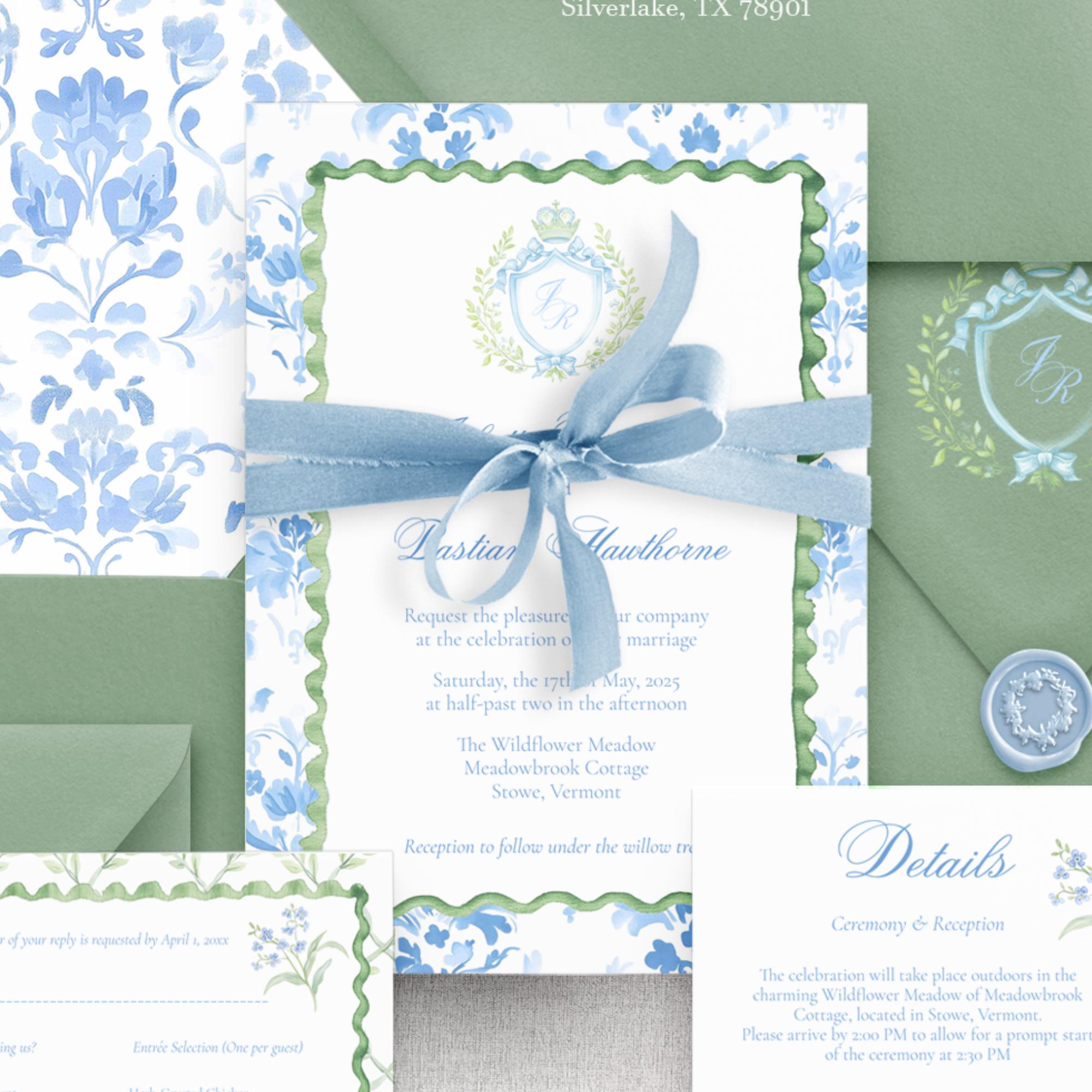 Blue Cottagecore Wedding Invitation Template Printable Green Crest ...