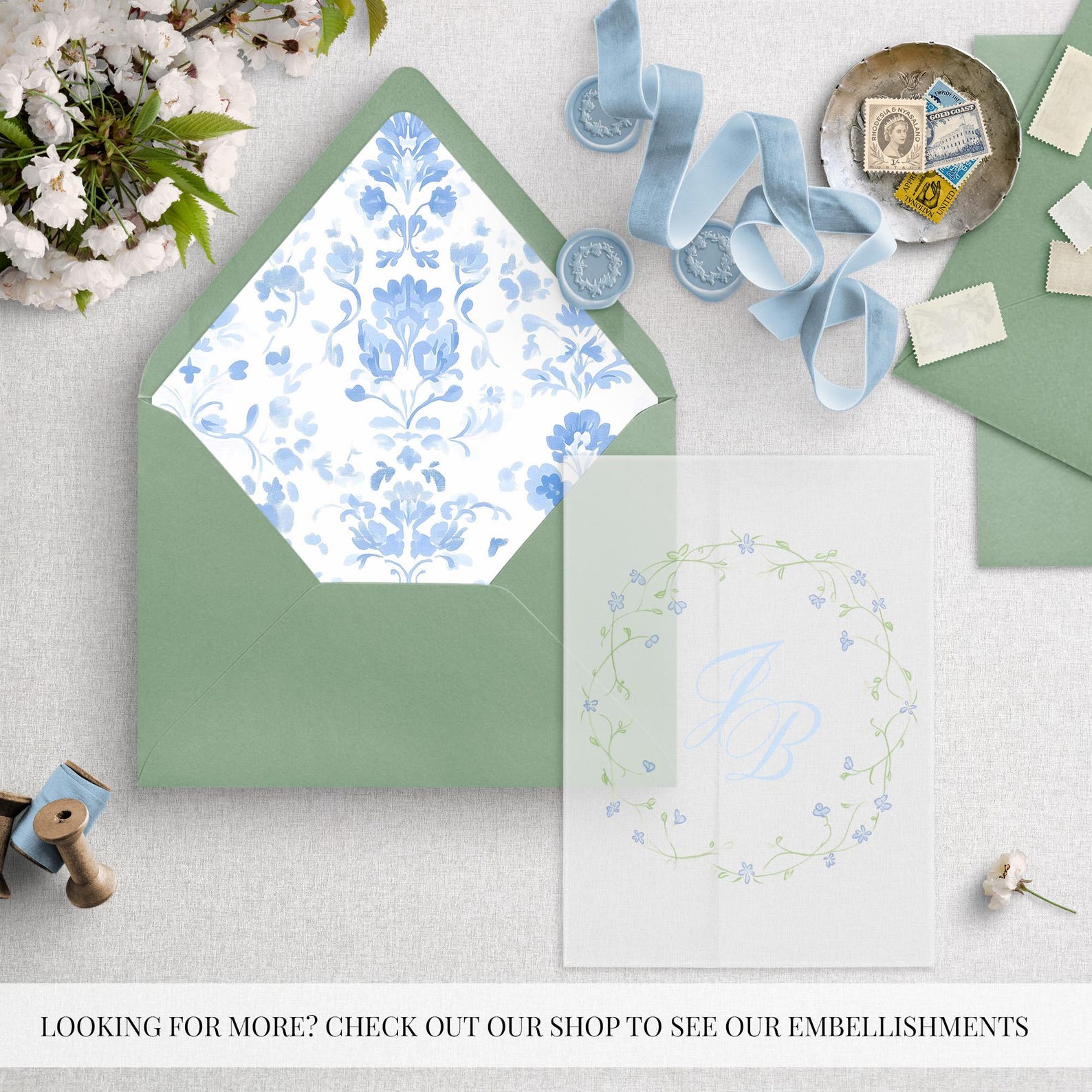 Blue Cottagecore Wedding Invitation Template Printable Green Crest ...