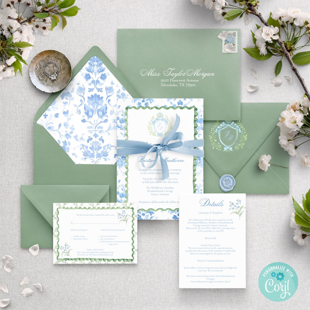 Blue Cottagecore Wedding Invitation Template Printable Green Crest ...
