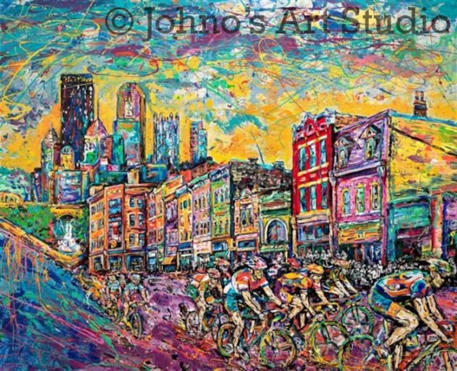 Cycling Art, Cyclist Painting, Bike Art, City Street Print, Pittsburgh ...