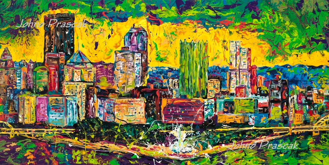 Green Art Pittsburgh Skyline Large Pittsburgh Art Modern - Etsy