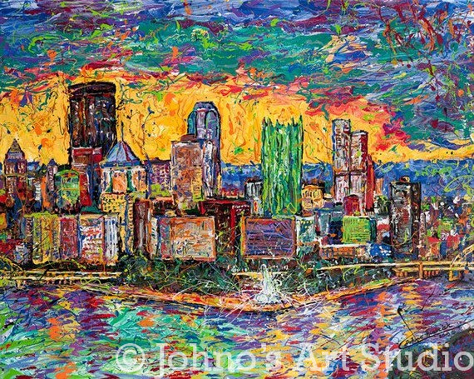 Pittsburgh Skyline Art, the Point, Sunset Painting, Print by Johno ...