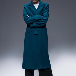 Elegant Long Wool Dark Teal Color Hand Crafted Coat With Satin Lining ...