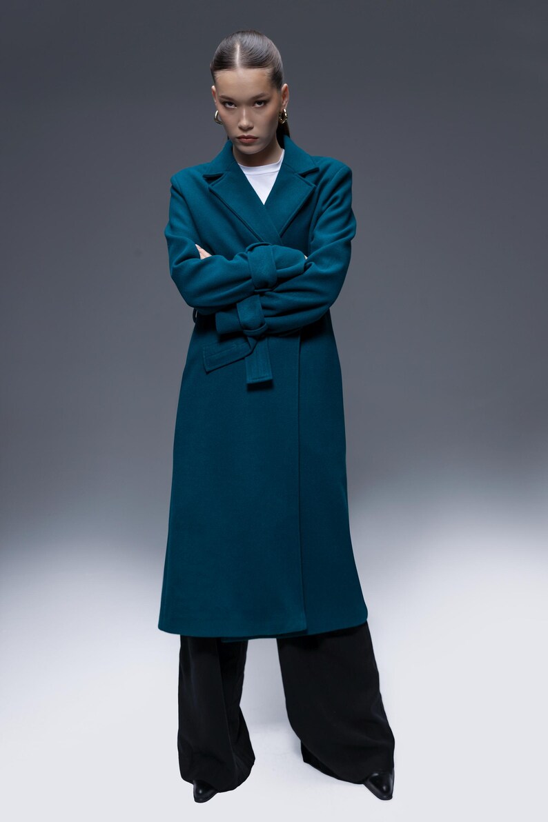 Elegant Long Wool Dark Teal Color Hand Crafted Coat With Satin Lining ...