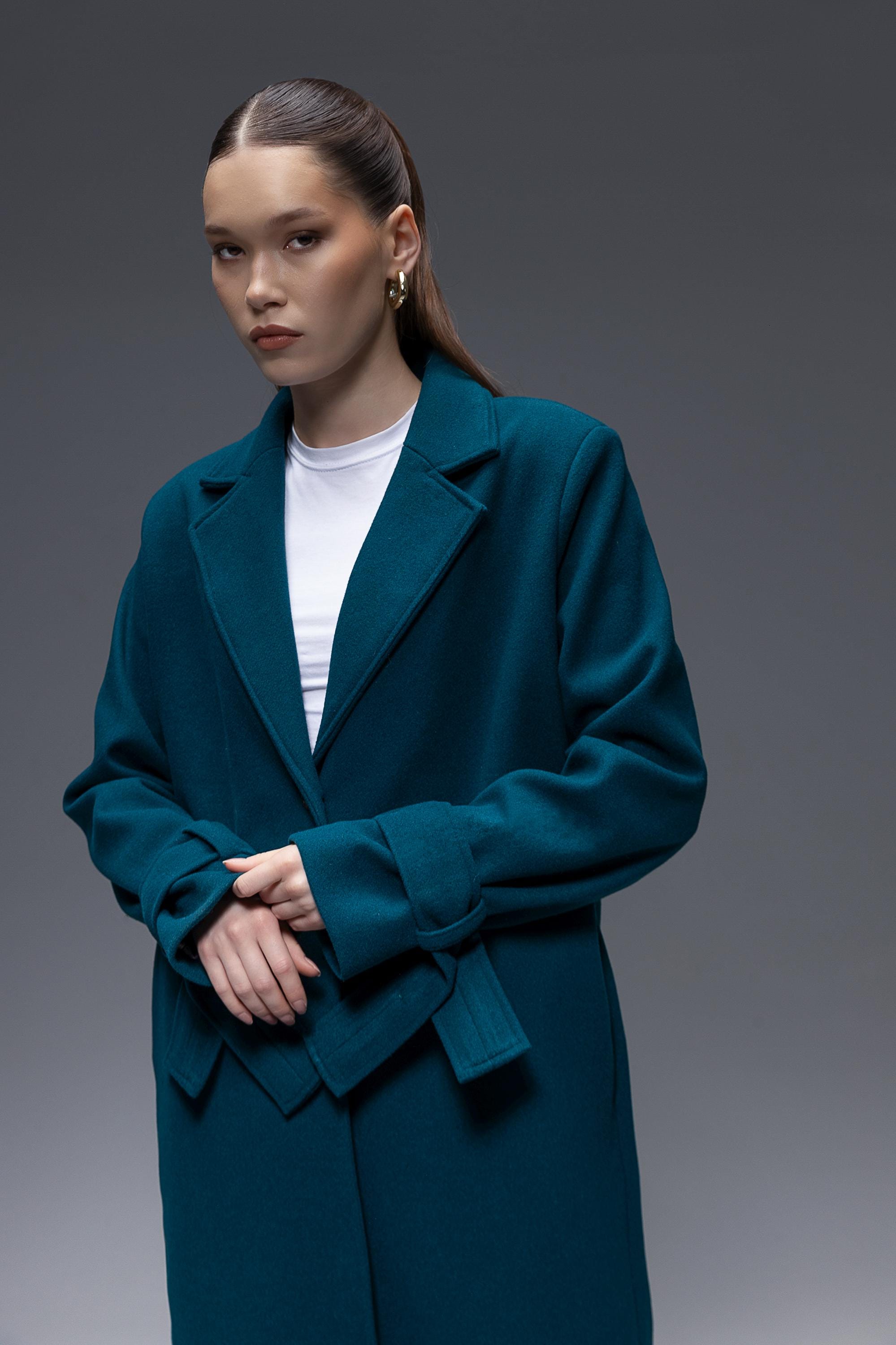 Elegant Long Wool Dark Teal Color Hand Crafted Coat With Satin Lining ...