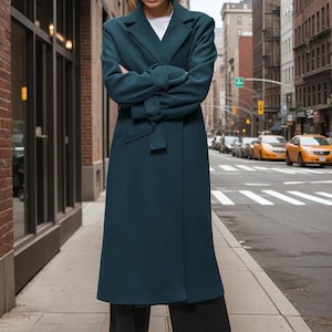 Elegant Long Wool Dark Teal Color Hand Crafted Coat With Satin Lining ...