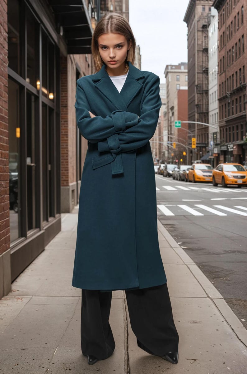 Elegant Long Wool Dark Teal Color Hand Crafted Coat With Satin Lining ...