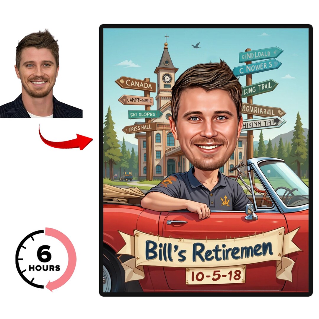 Custom Retirement Cartoon Portrait, Personalized Retirement Caricature ...
