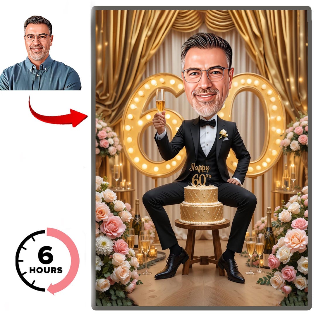 Personalized 60th Cartoon Portrait, Custom Happy Birthday Caricature ...