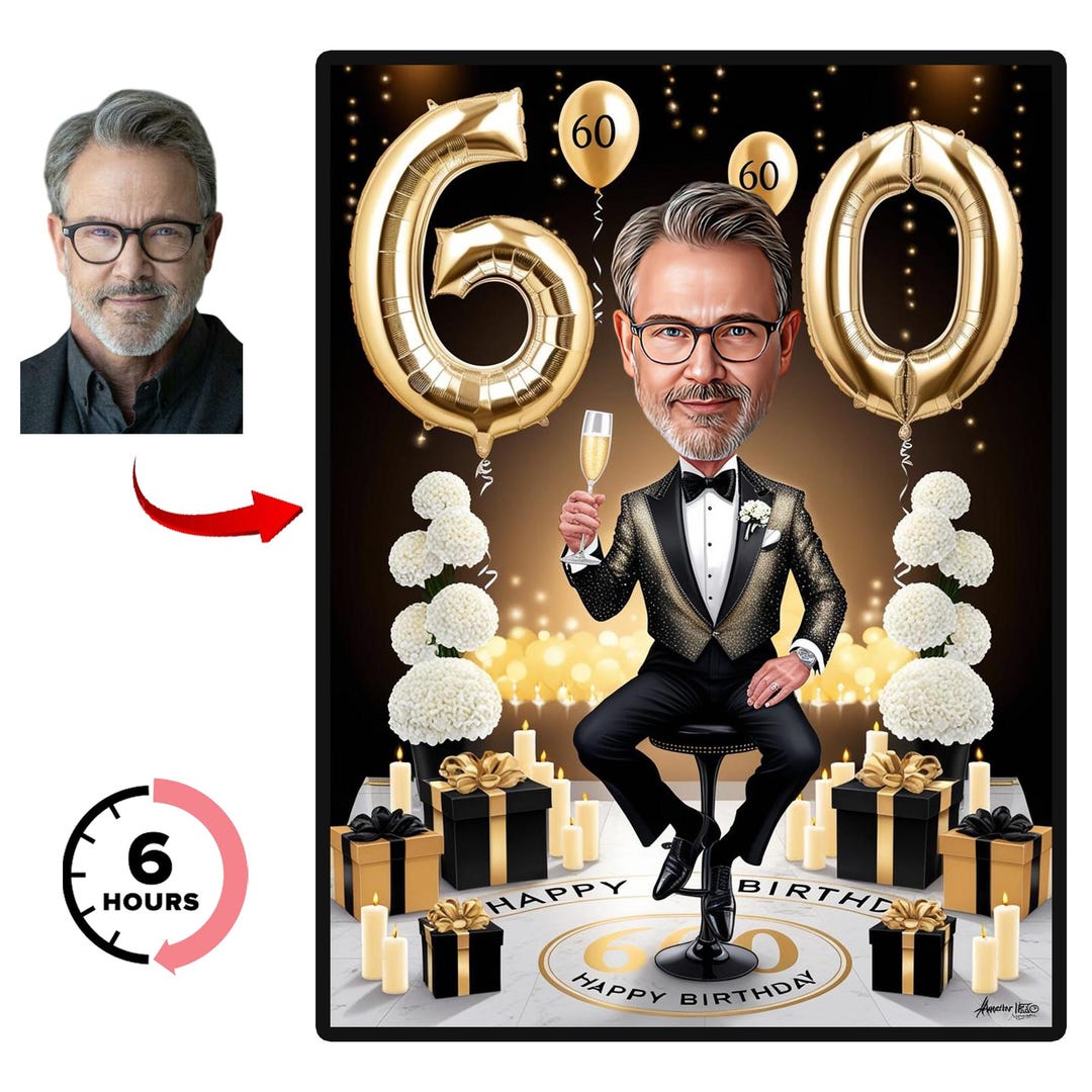 Personalized 60th Cartoon Portrait, Custom Happy Birthday Caricature ...