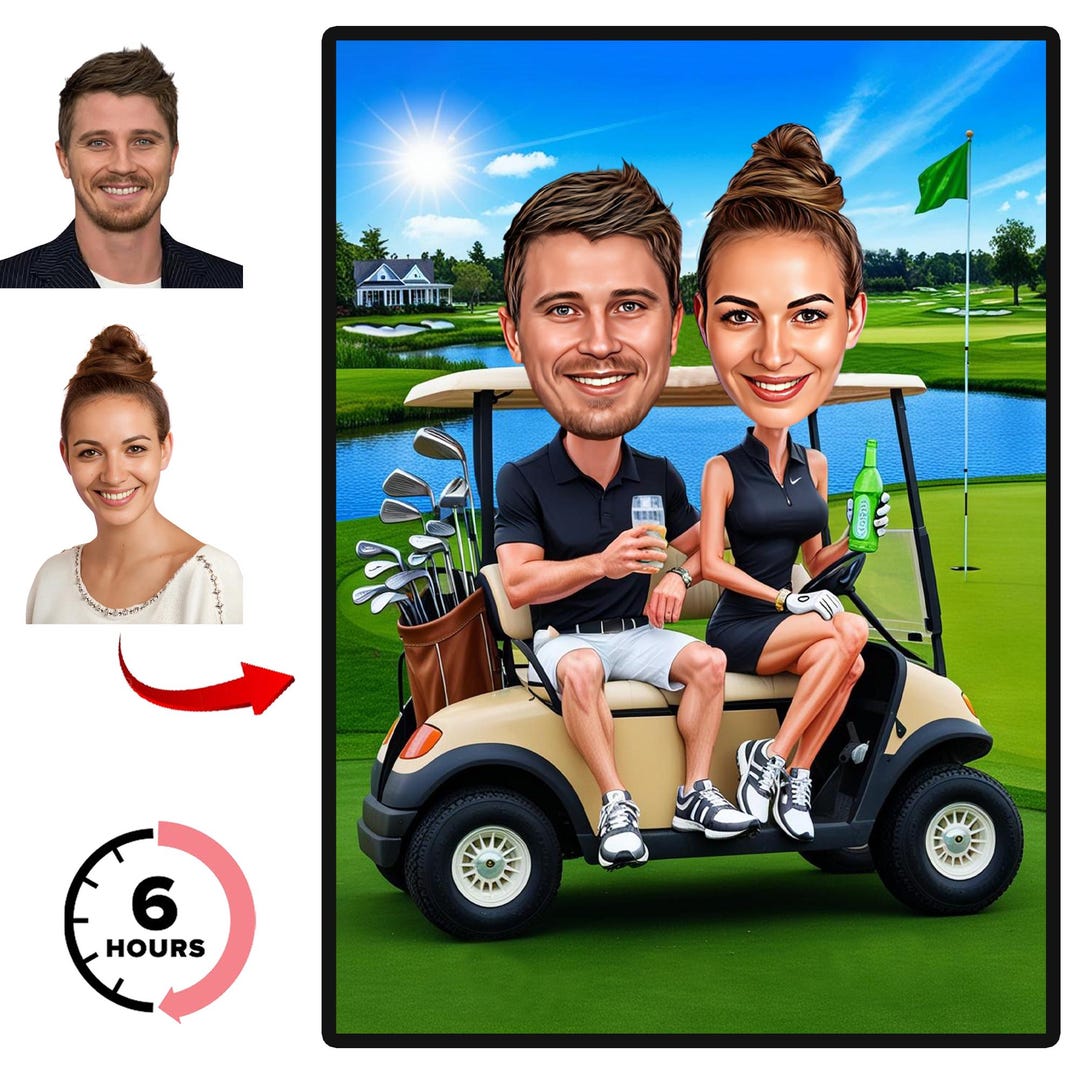 Custom Couple Golfer Cartoon Portrait, Custom Golfer Caricature Drawing ...