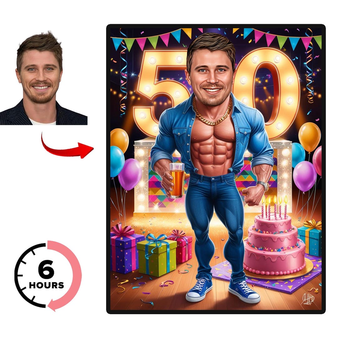Custom 50th Cartoon Portrait, 50th Caricature, Personalized Happy ...