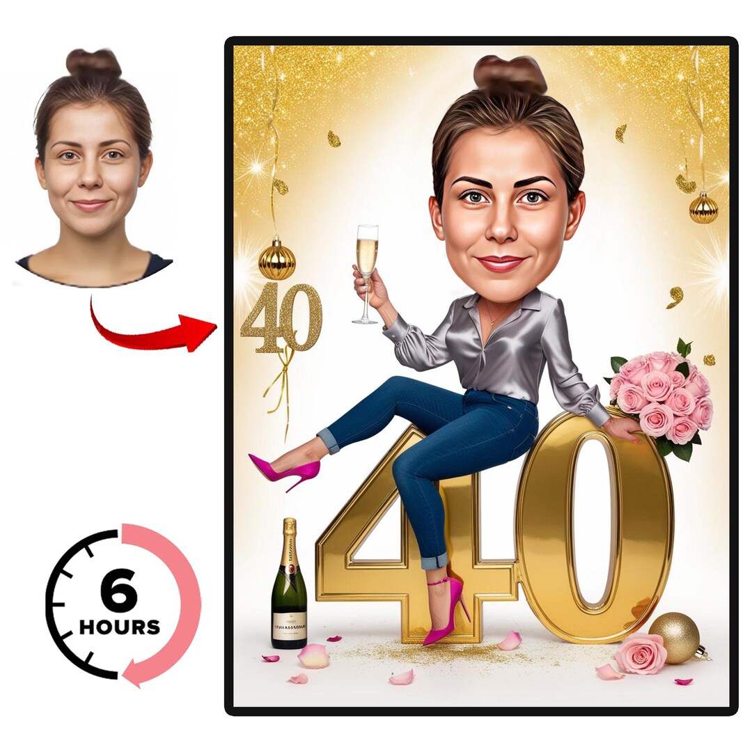 Personalised 40th Birthday Caricature From Photo, Custom Birthday Art ...