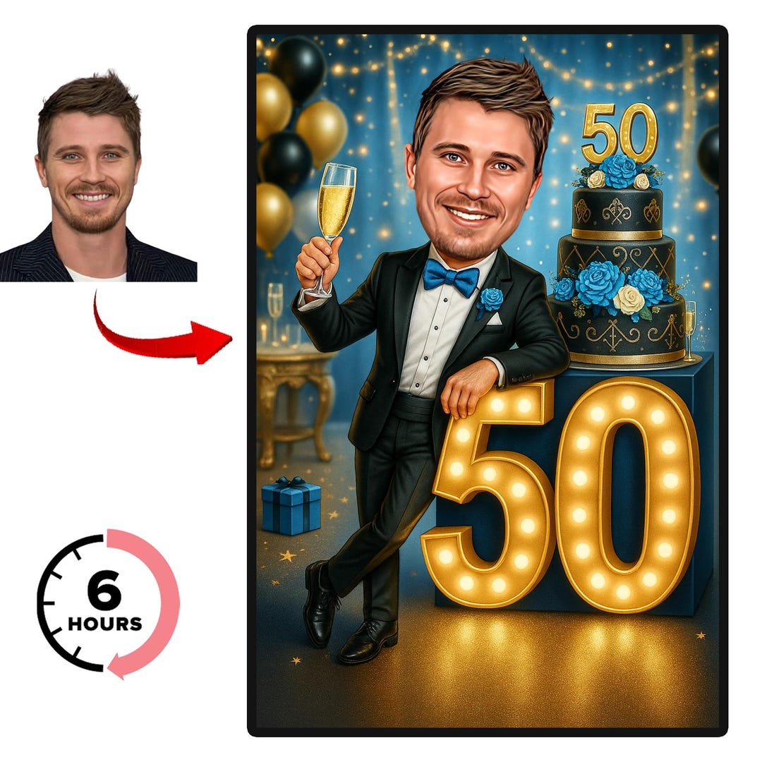 Personalized 50th Cartoon Portrait, Custom Happy Birthday Caricature ...