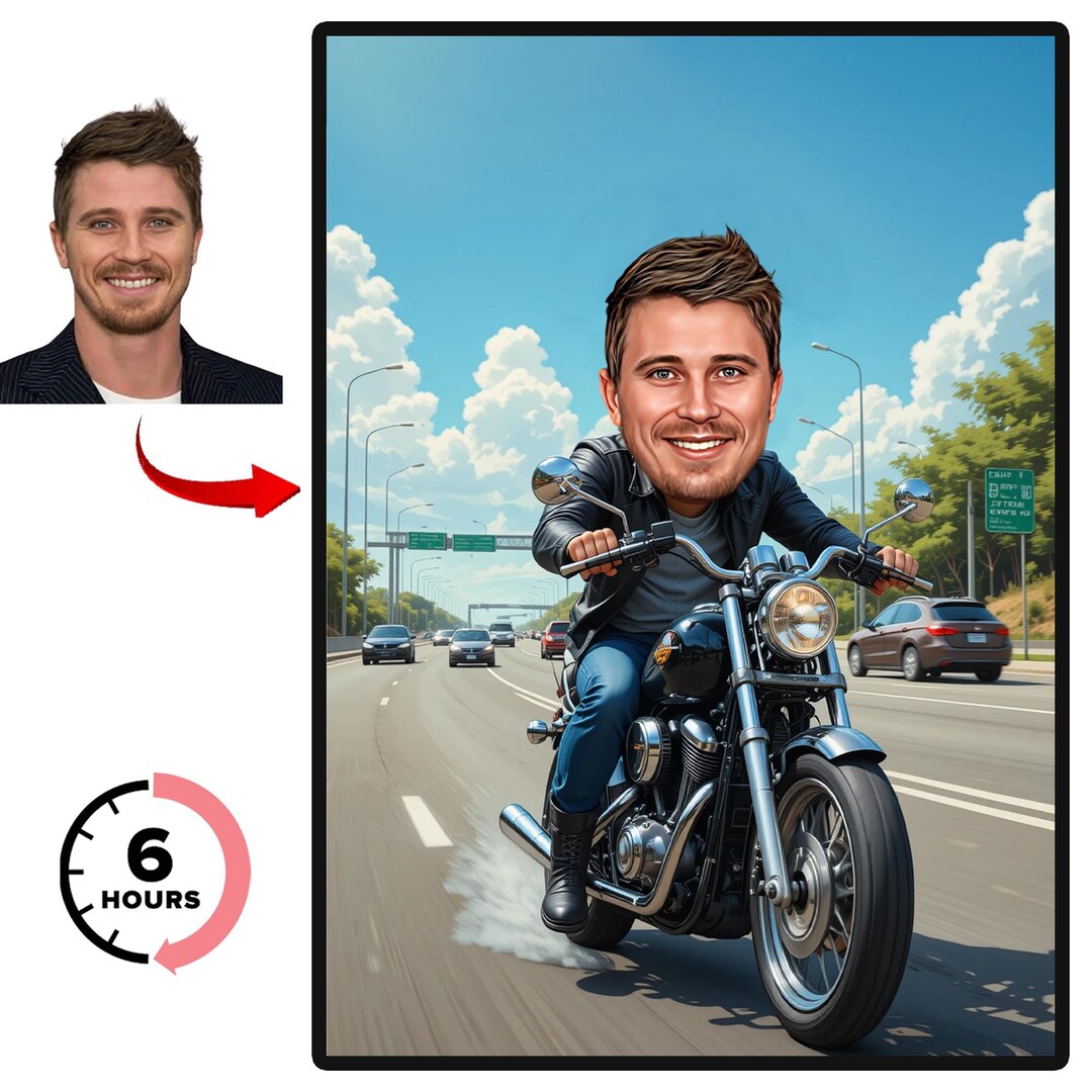 Man Bike Rider Cartoon Portrait, Personalized Biker Caricature, Custom ...