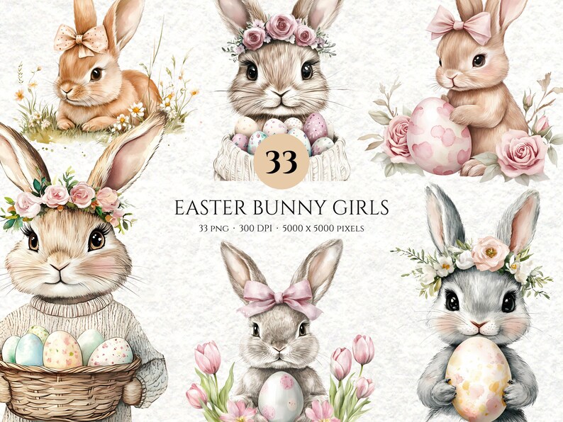Easter Bunny Clipart, Watercolor Bunny Girl Clipart, Junk Journal ...