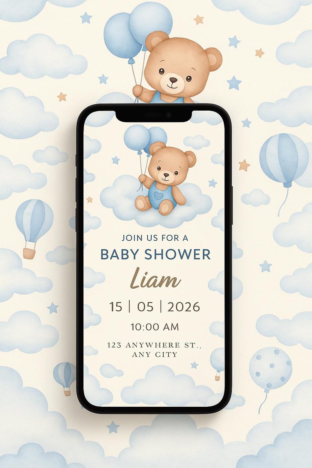 Blue Teddy Bear Baby Shower Invitation Template (digital Download) - Etsy