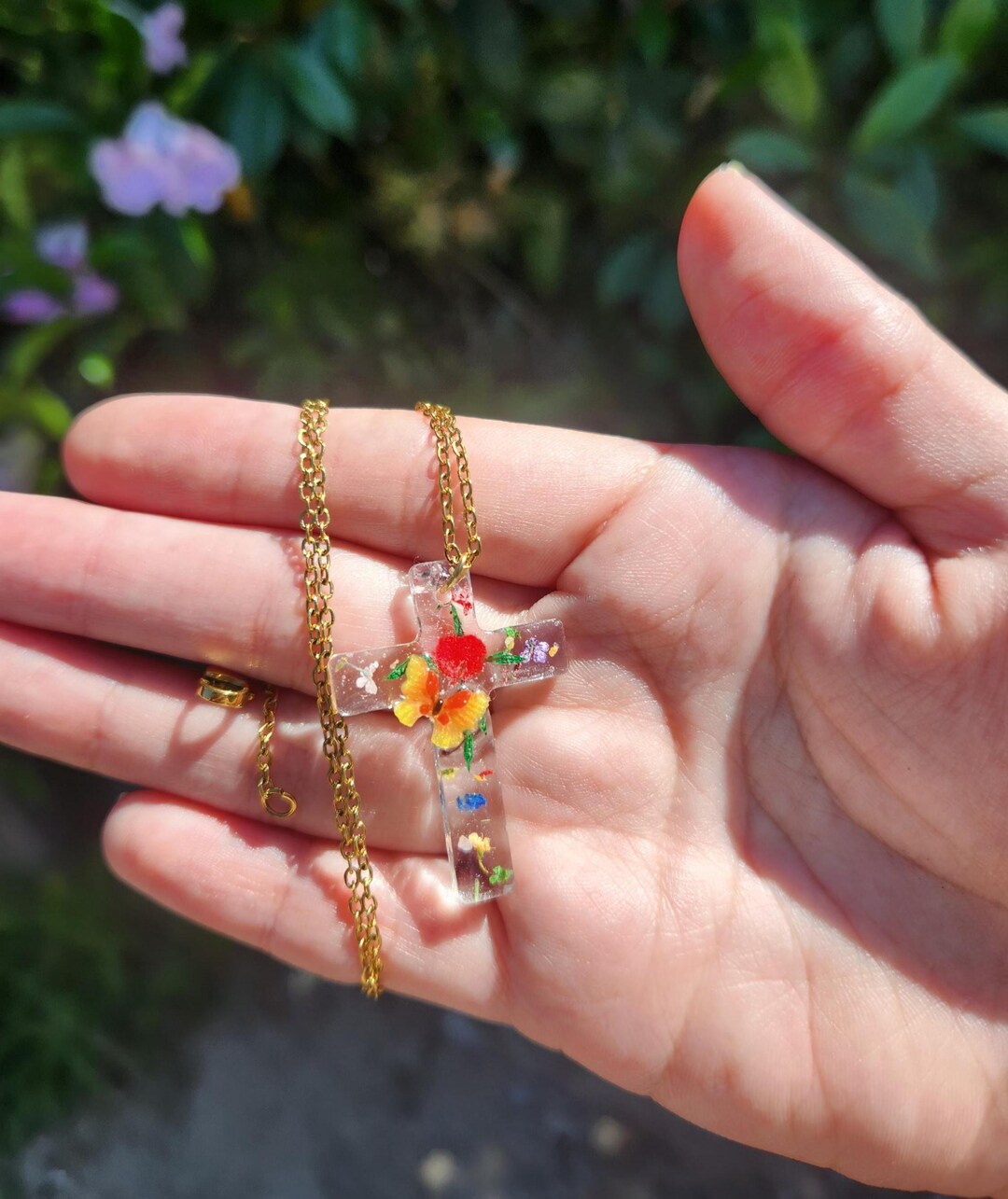 Floral Resin Cross Necklace: Real Dried Flowers, Gold-plated Chain - Etsy