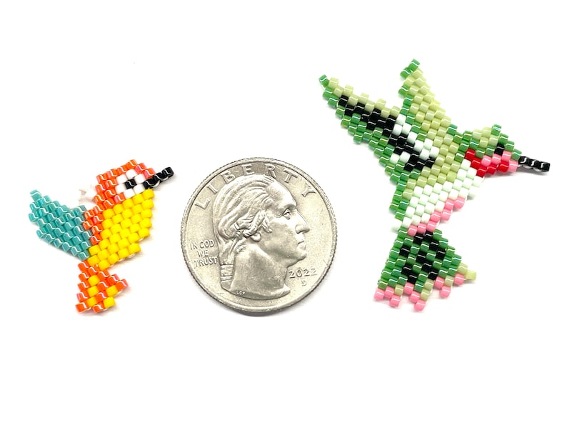 Beaded Bird Pendant, Japanese Seed Bead Hummingbird Charms, Green Pink ...
