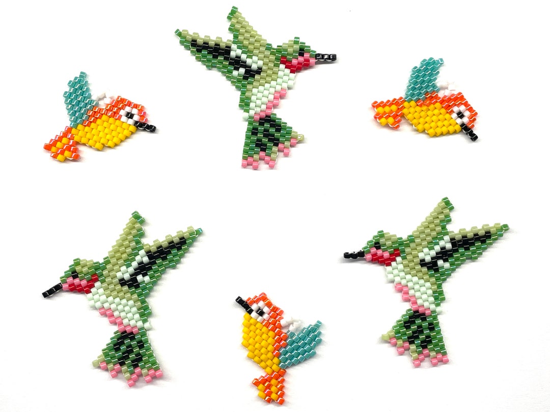 Beaded Bird Pendant, Japanese Seed Bead Hummingbird Charms, Green Pink ...