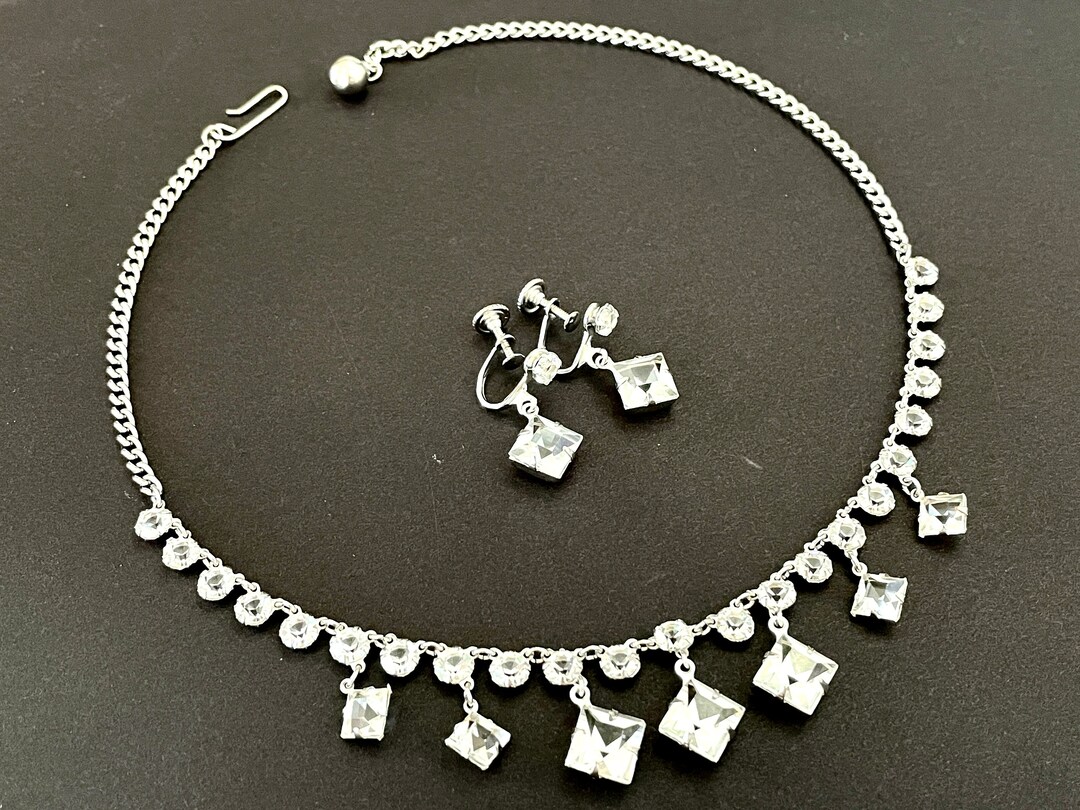 1930s Rhinestone Choker and Screw Back Earrings, Art Deco Jewelry Set ...