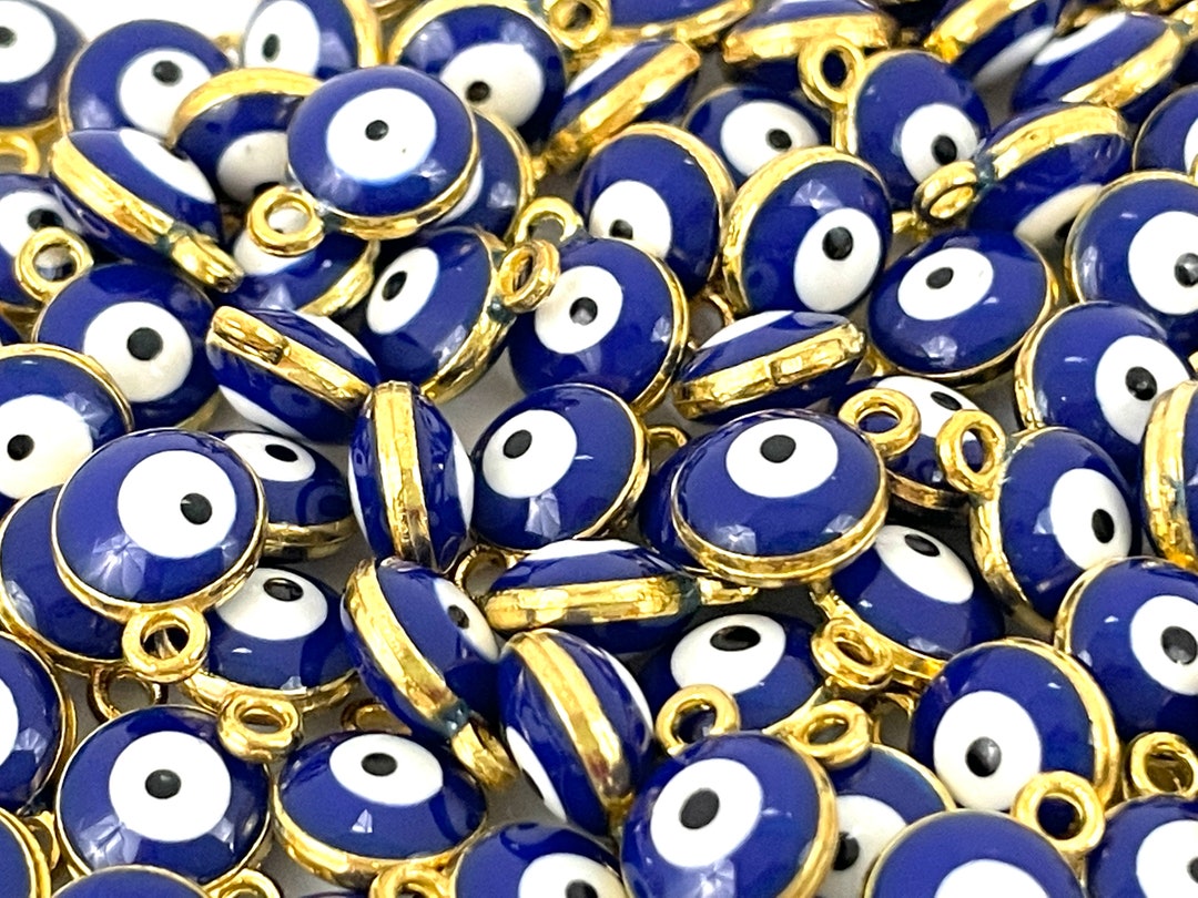 20 Pcs Blue & Gold Evil Eye Charm for Jewelry Making, BULK Tiny 8mm ...