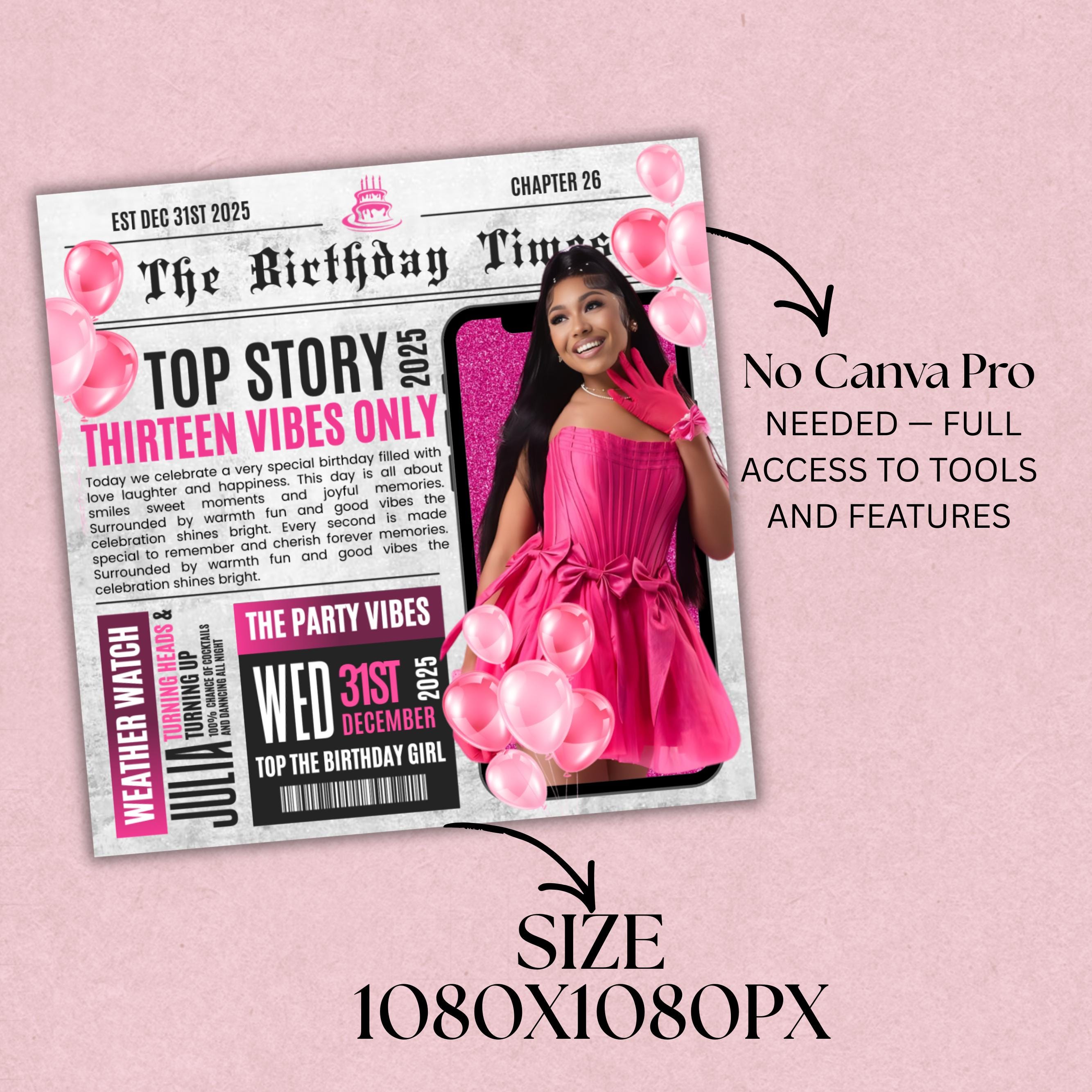 Pink & Silver 13th Birthday Newspaper Style Invitation, Glam Dinner ...
