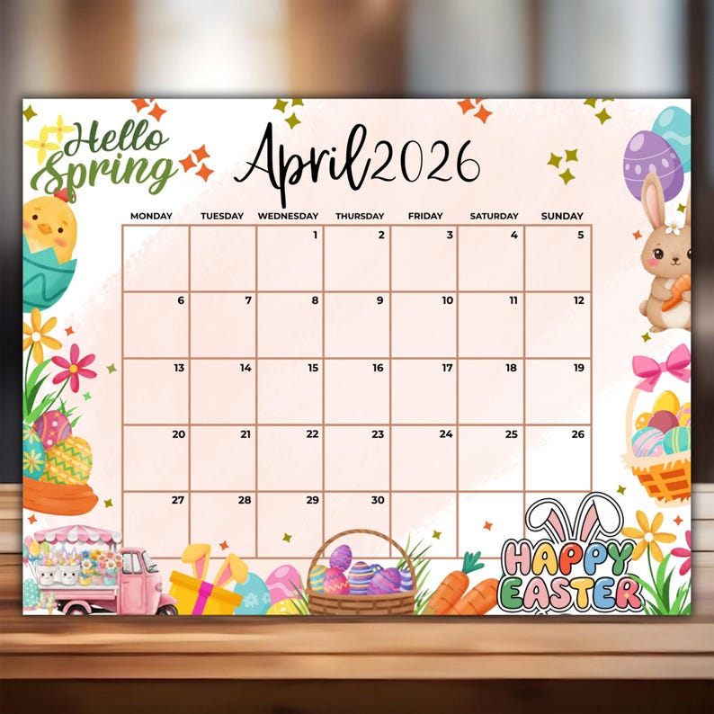 April 2026 Calendar Printable, Easter Calendar for Kids, Classroom ...