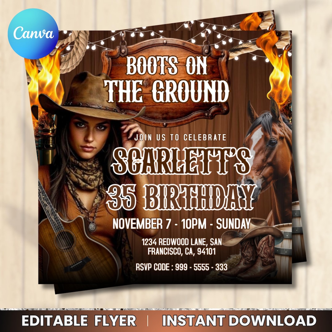 Boots on the Ground Party Flyer, Cowgirl Trail Ride Birthday Invite ...