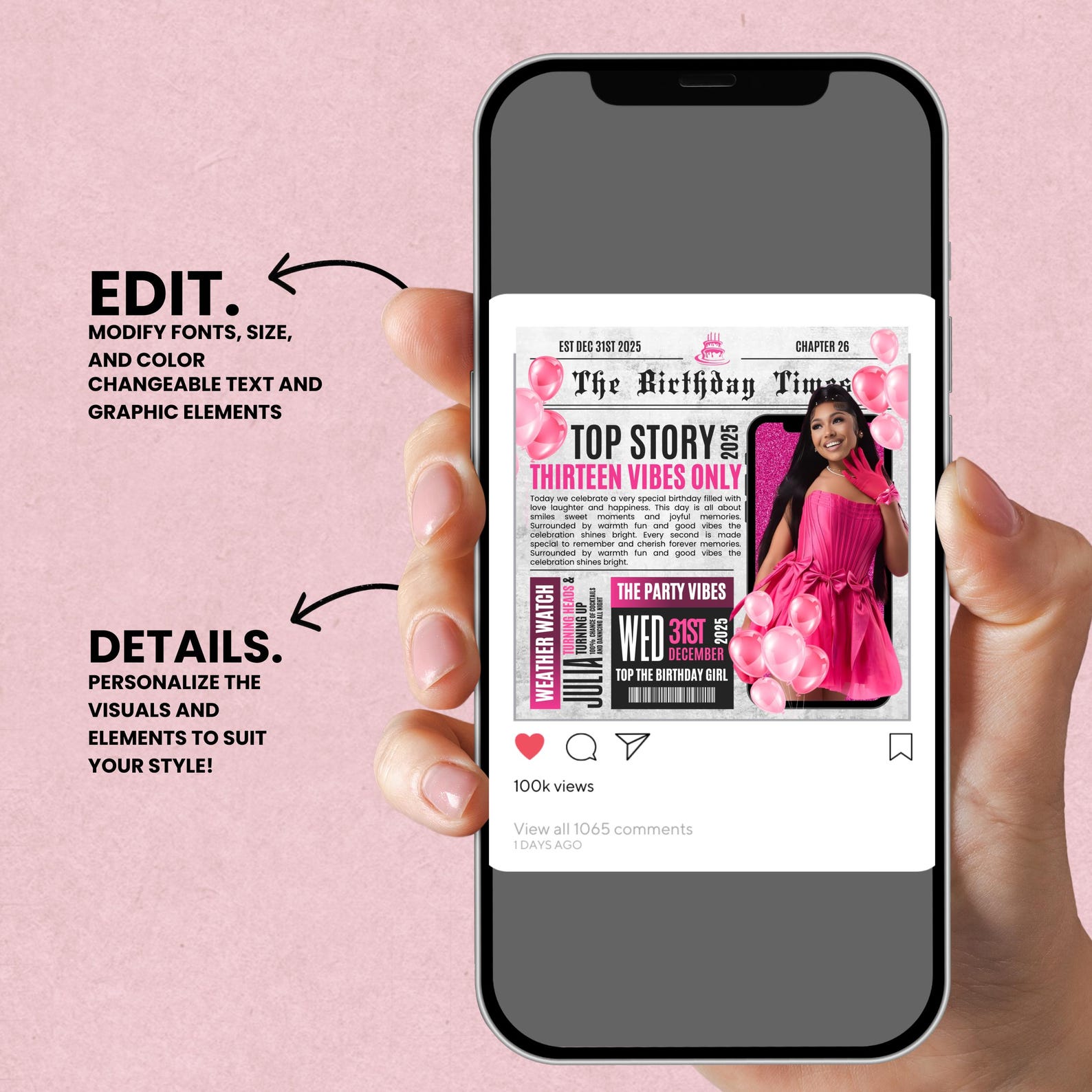 Pink & Silver 13th Birthday Newspaper Style Invitation, Glam Dinner ...