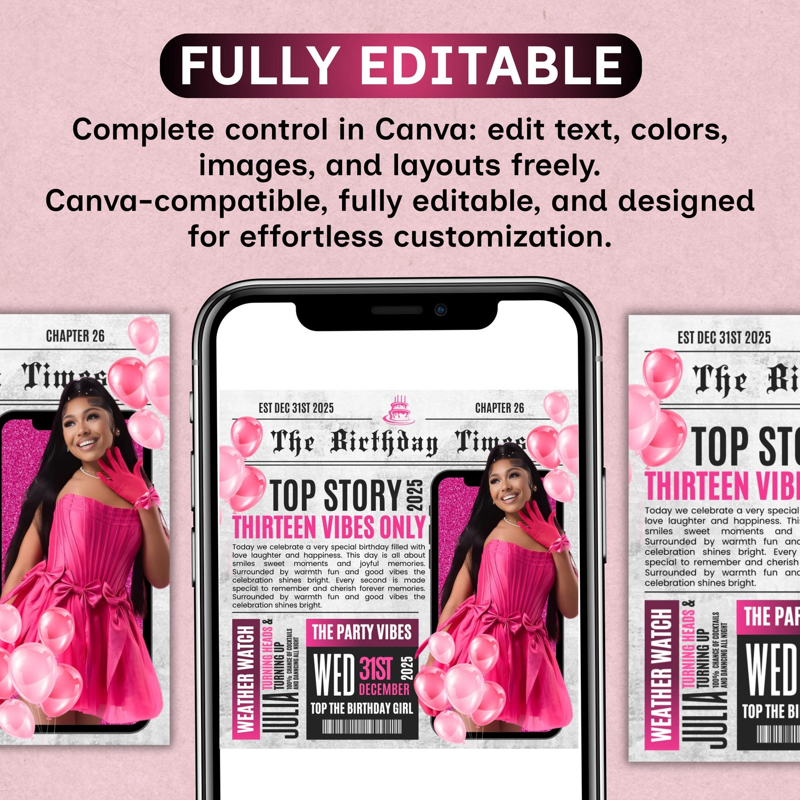 Pink & Silver 13th Birthday Newspaper Style Invitation, Glam Dinner ...