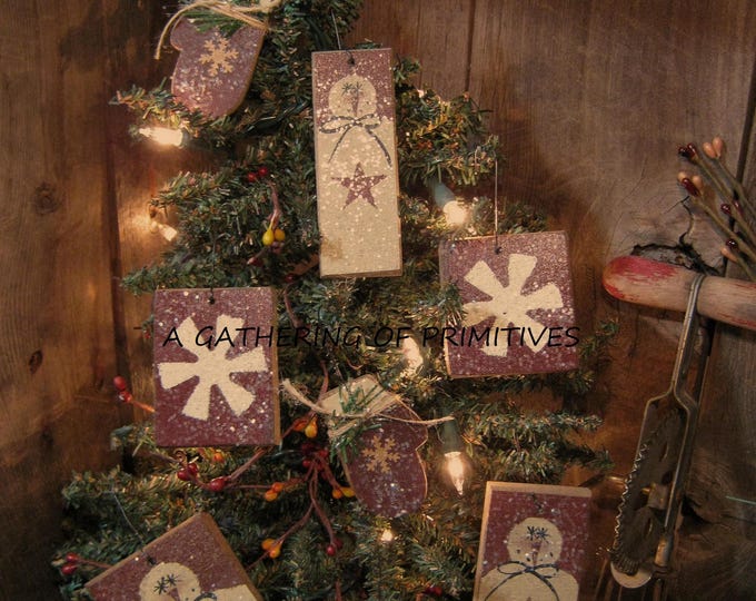 NEW! 8 Primitive Wood Mittens Snowflake Winter Snowman Christmas ...