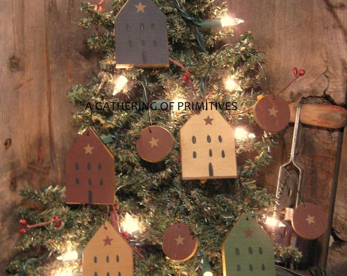 Primitive Saltbox House Wood Star Penny Tree Filler Tuck Ornies ...