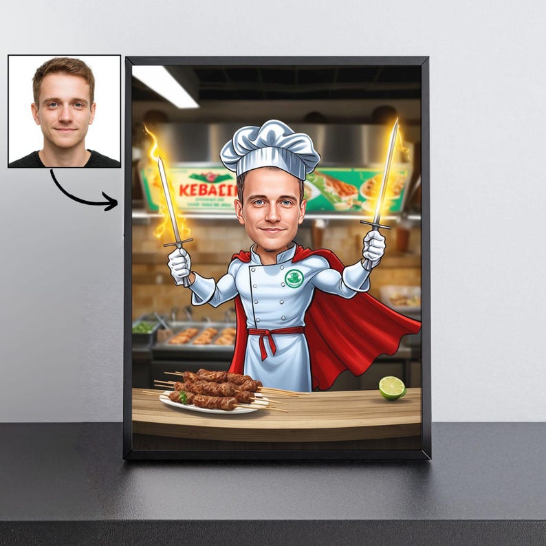 Kebab Chef Cartoon Portrait, Kebab Gift, Custom Kebab Caricature, Kebab ...