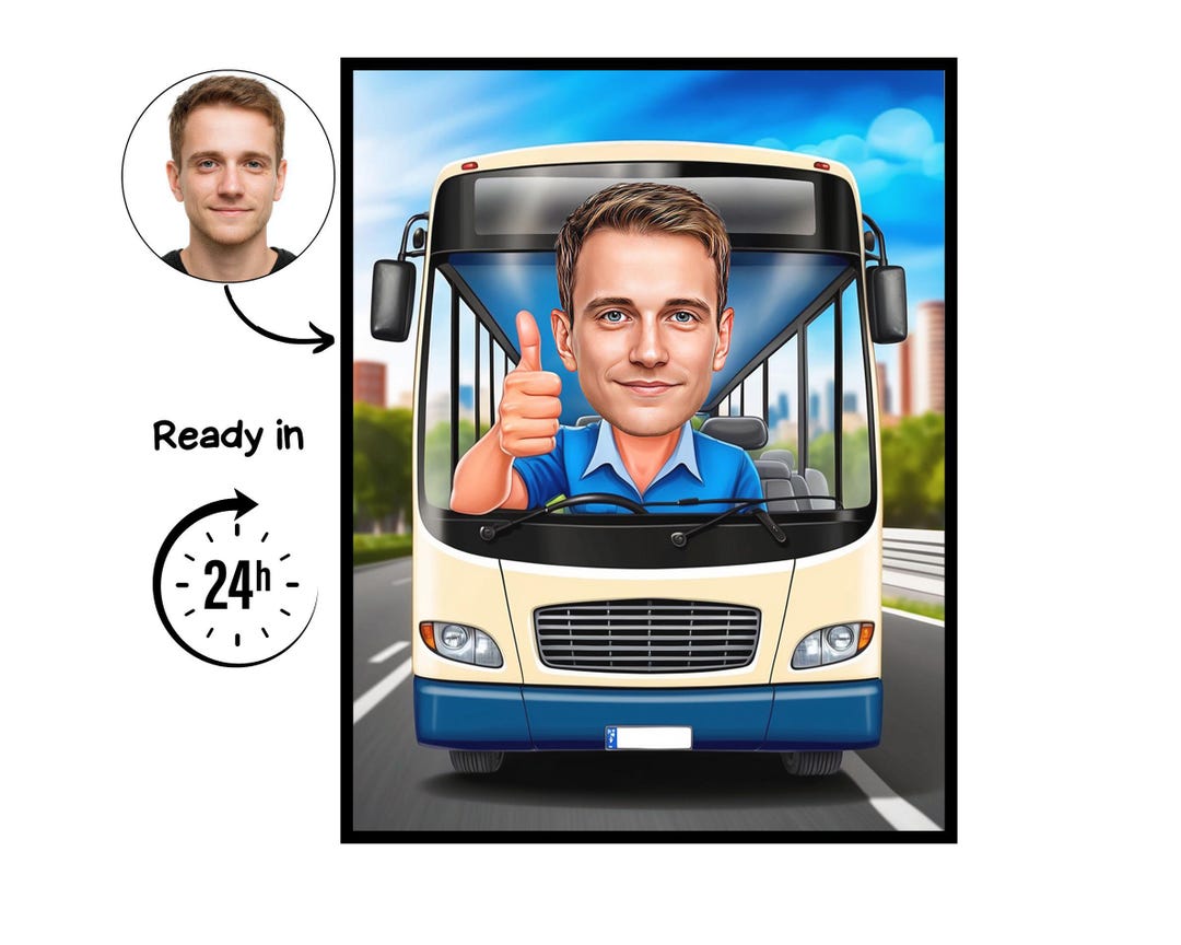 Bus Driver Cartoon Portrait, Bus Driver Gift, Custom Bus Driver ...