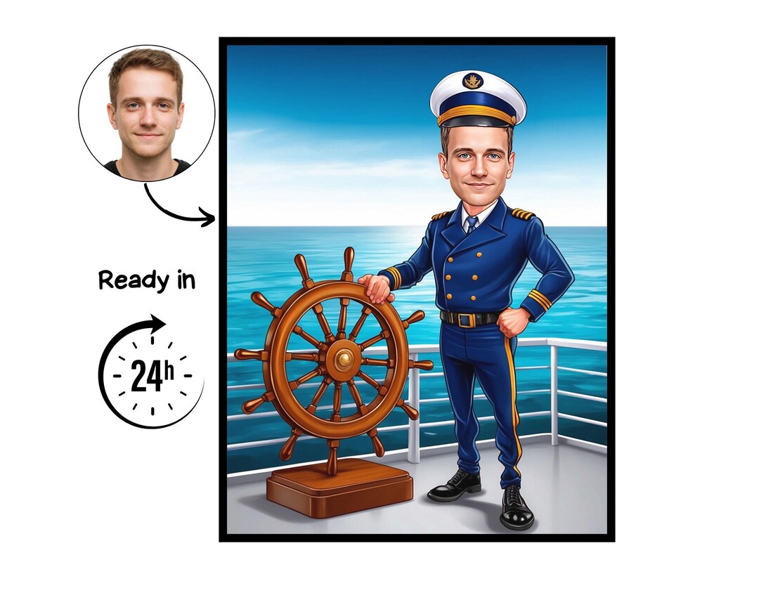 Ship Captain Cartoon Portrait, Captain Gift, Custom Captain Caricature ...