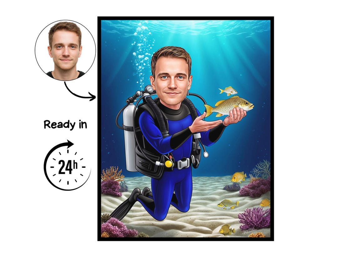 Scuba Diving Cartoon Portrait, Scuba Diving Gift, Custom Scuba Diving ...
