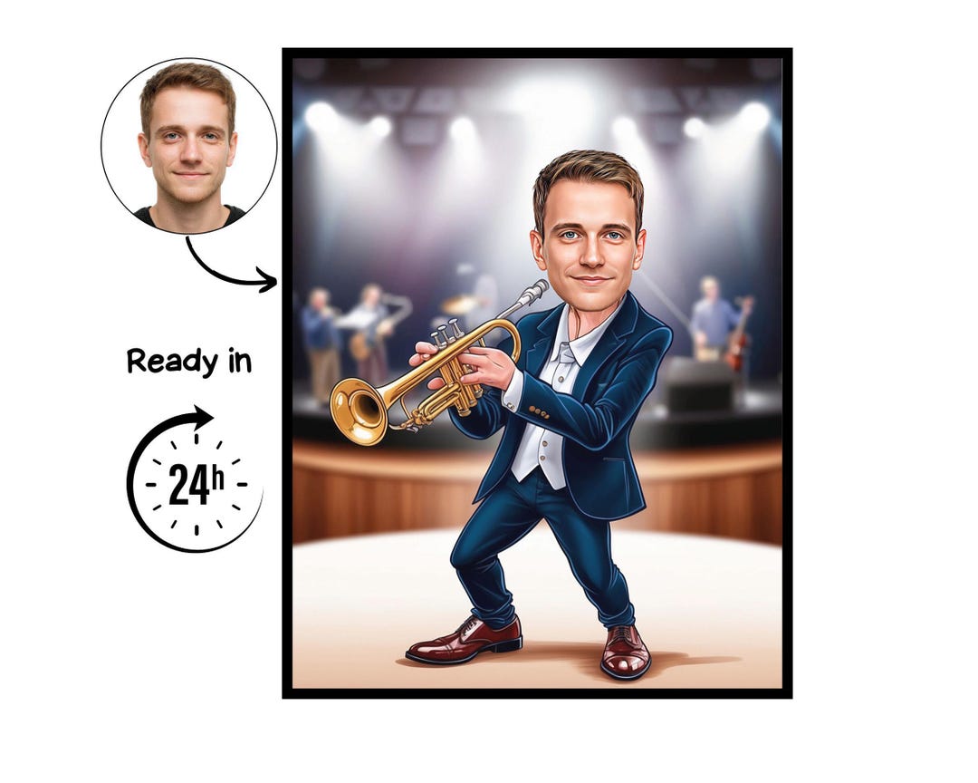 Trumpeter Cartoon Portrait, Trumpet Gift, Custom Trumpet Caricature ...