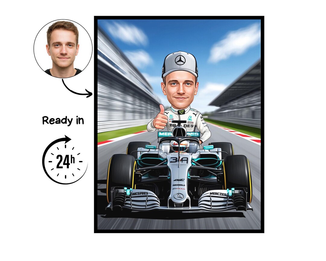 Formula 1 Cartoon Portrait, Formula 1 Gift, Custom Formula 1 Caricature ...