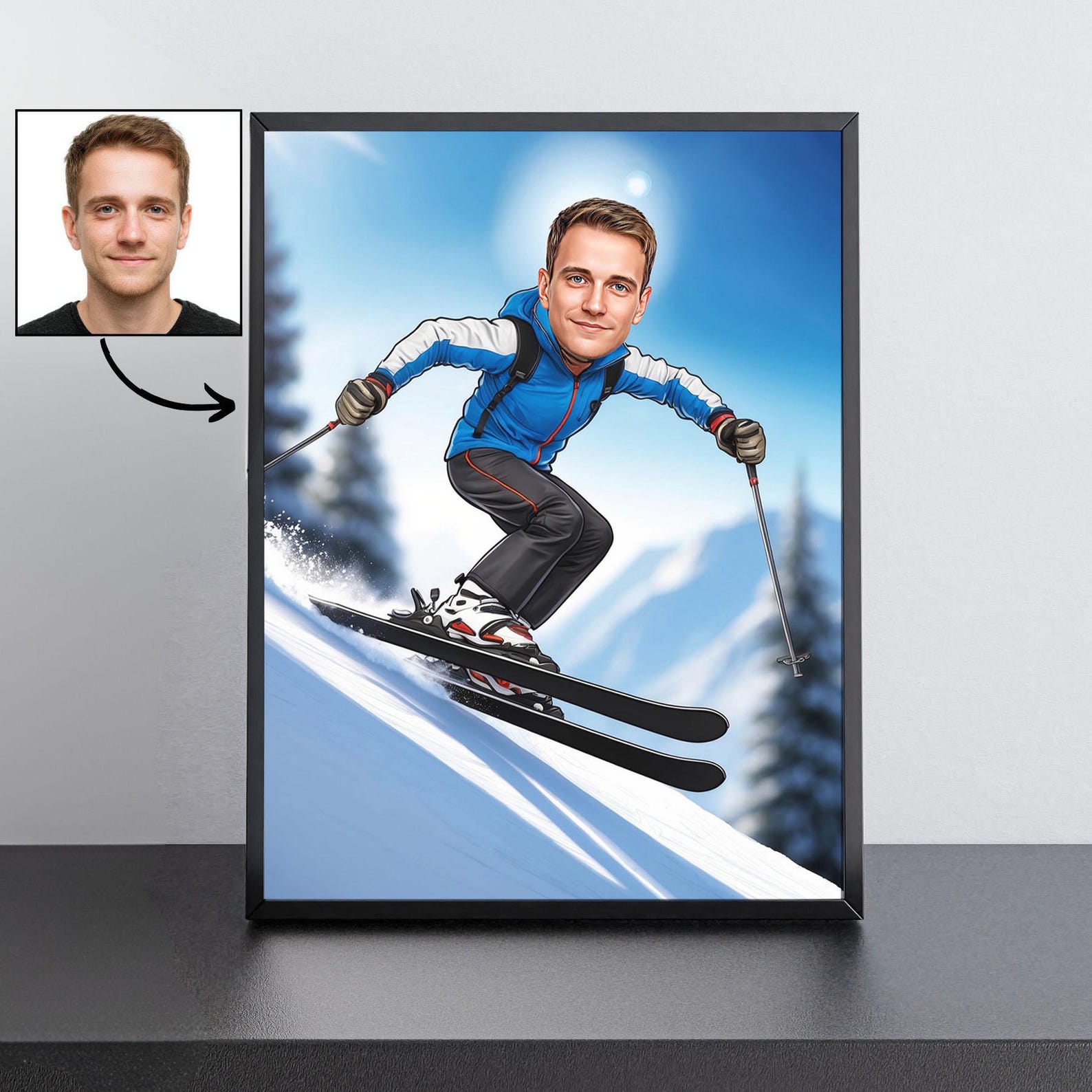 Ski Cartoon Portrait, Ski Gift, Custom Ski Caricature, Ski Caricature ...