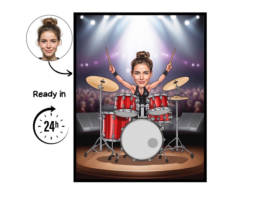 Drummer Cartoon Portrait, Drummer Gift, Custom Drummer Caricature ...