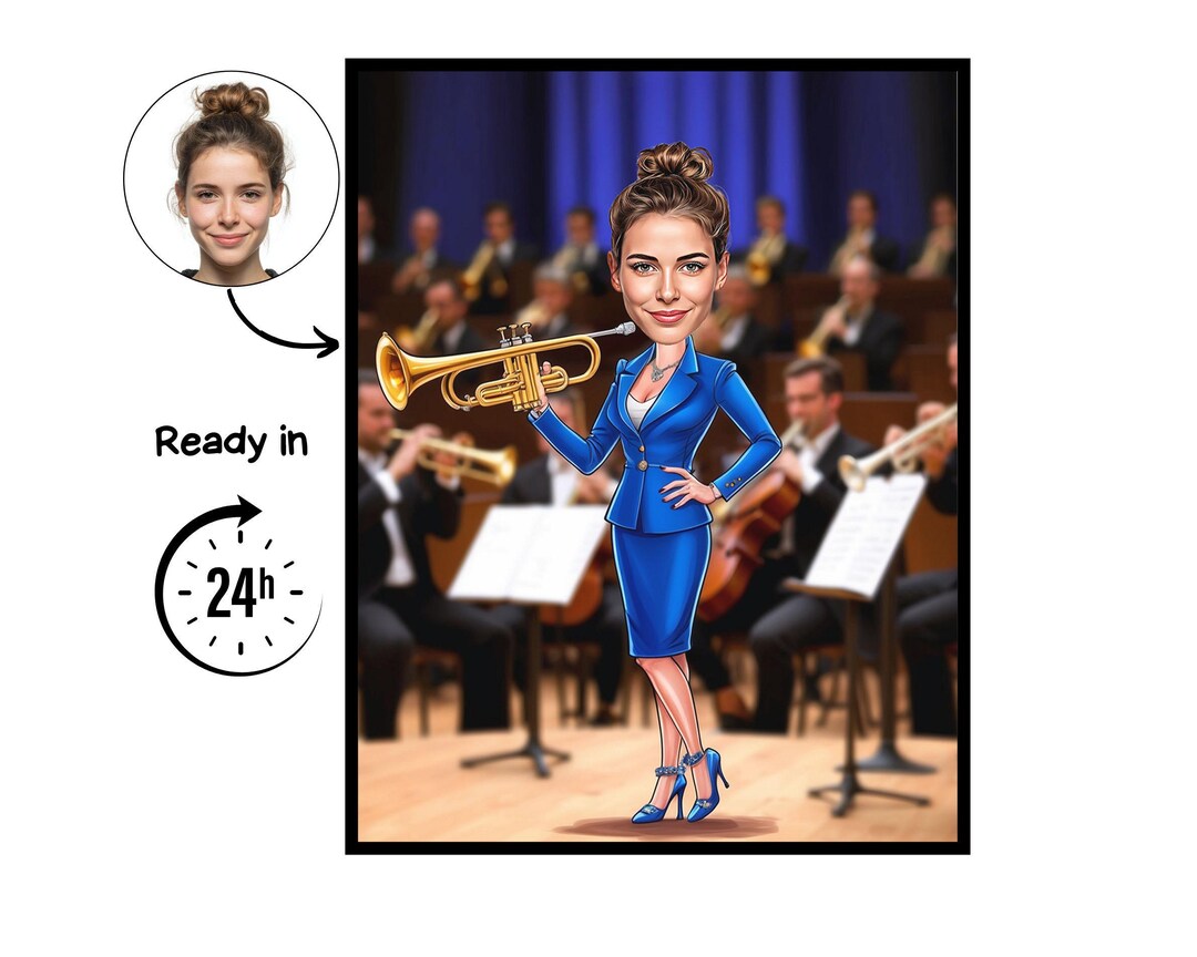 Trumpeter Cartoon Portrait, Trumpet Gift, Custom Trumpet Caricature ...