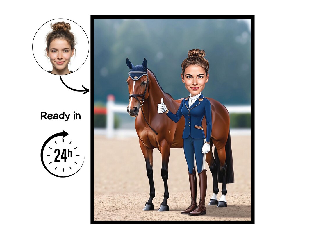 Equestrian Cartoon Portrait, Equestrian Gift, Custom Equestrian ...
