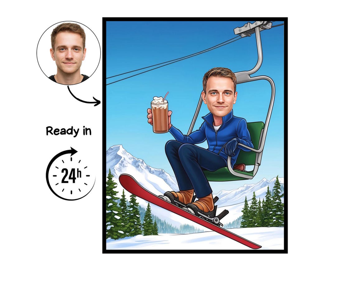 Ski Cartoon Portrait, Ski Gift, Custom Ski Caricature, Ski Caricature ...
