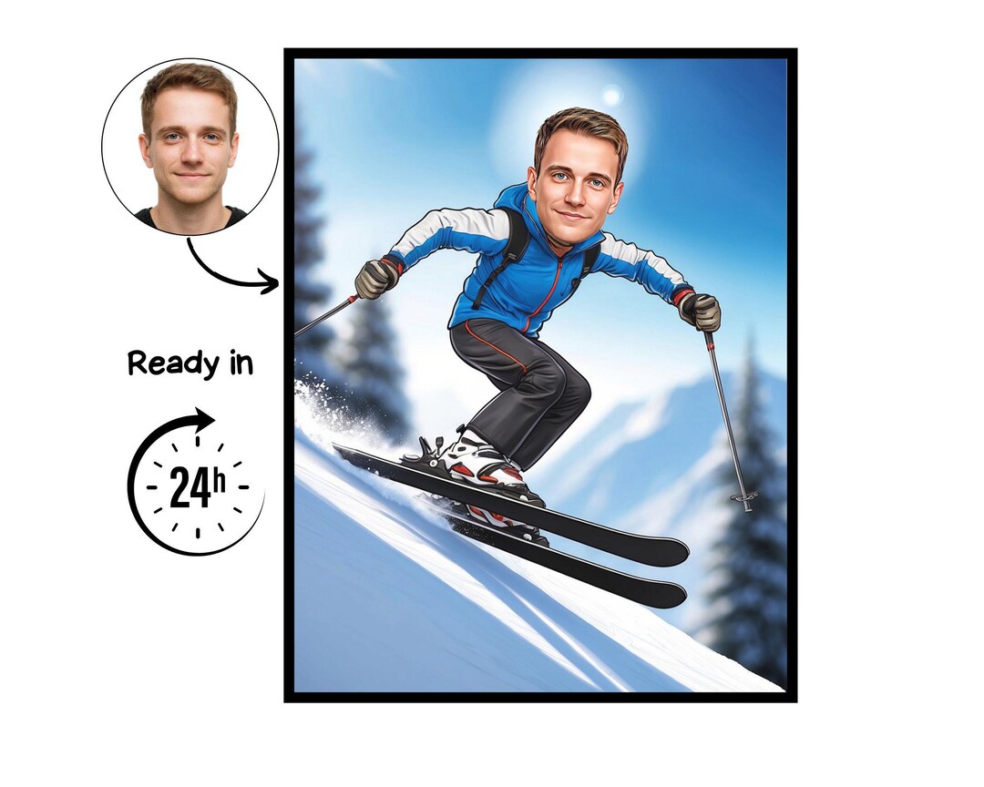 Ski Cartoon Portrait, Ski Gift, Custom Ski Caricature, Ski Caricature ...