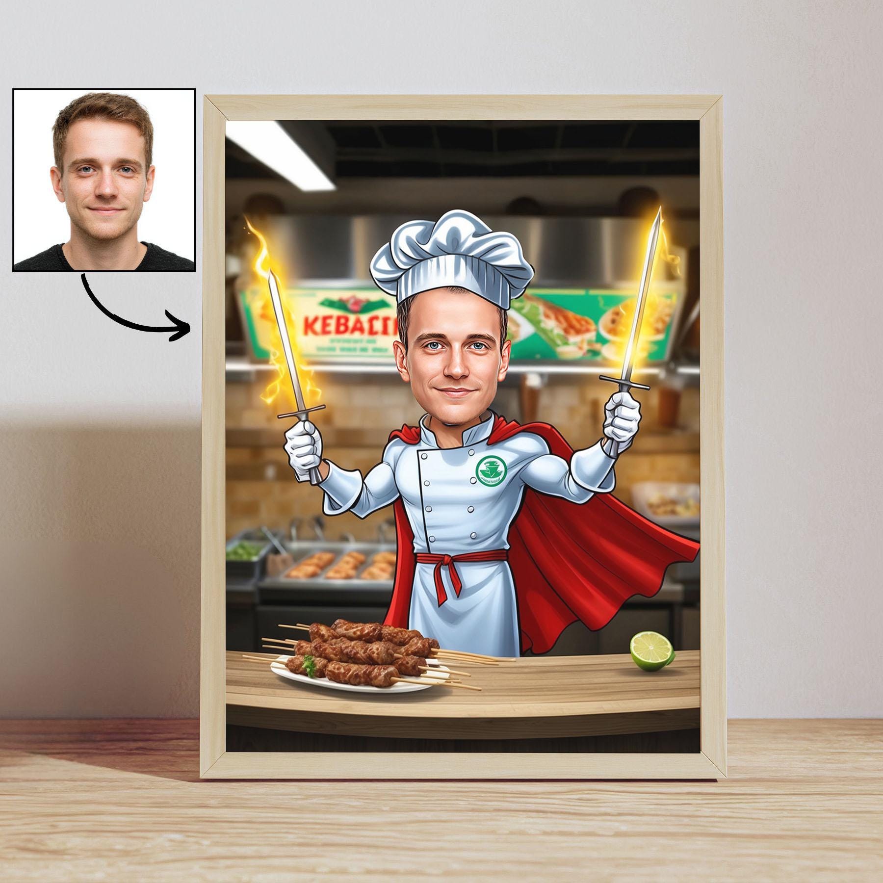 Kebab Chef Cartoon Portrait, Kebab Gift, Custom Kebab Caricature, Kebab ...