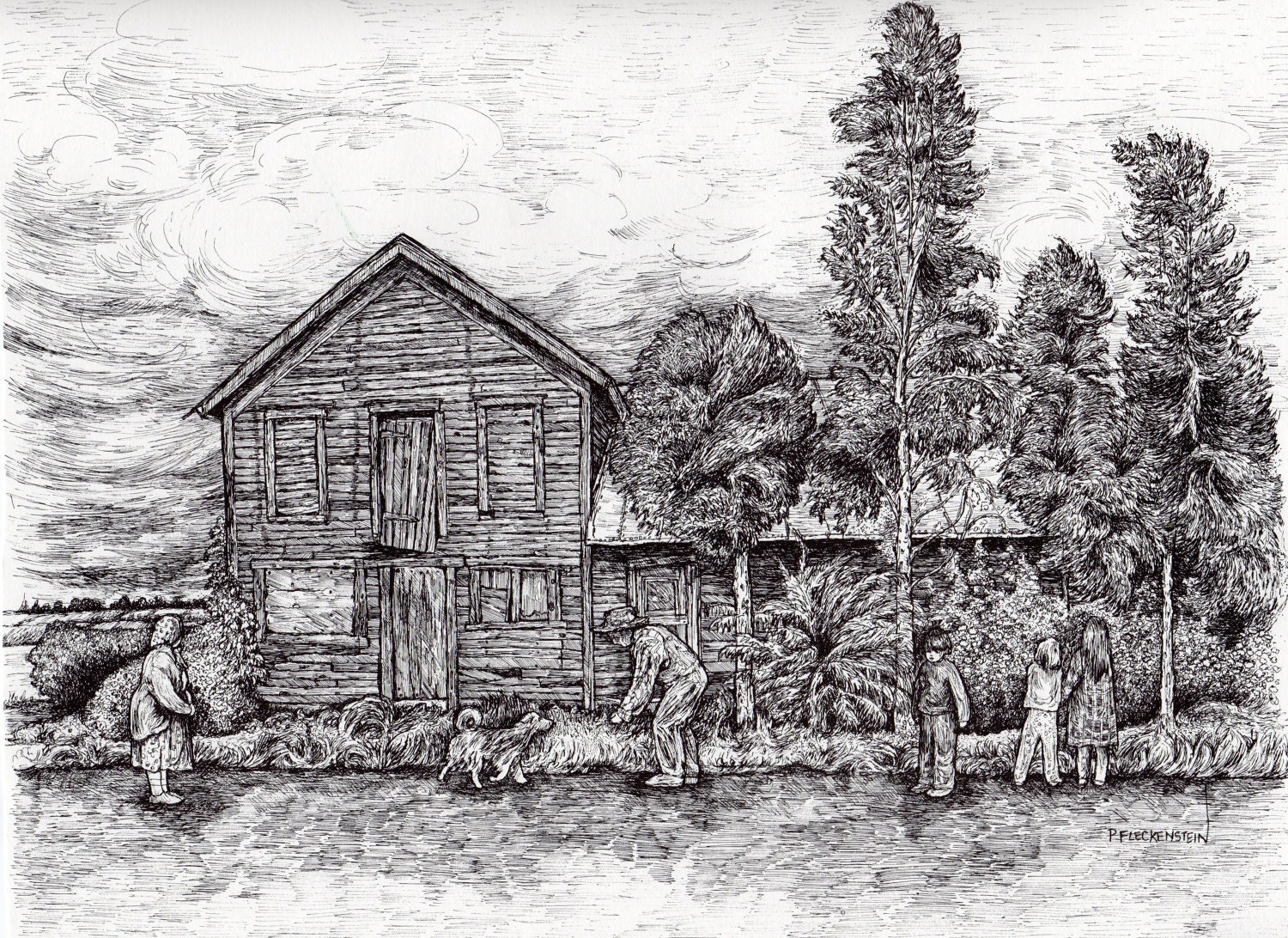 Old Farmhouse Pen Drawing Art Print Landscape Country Road Handsigned ...